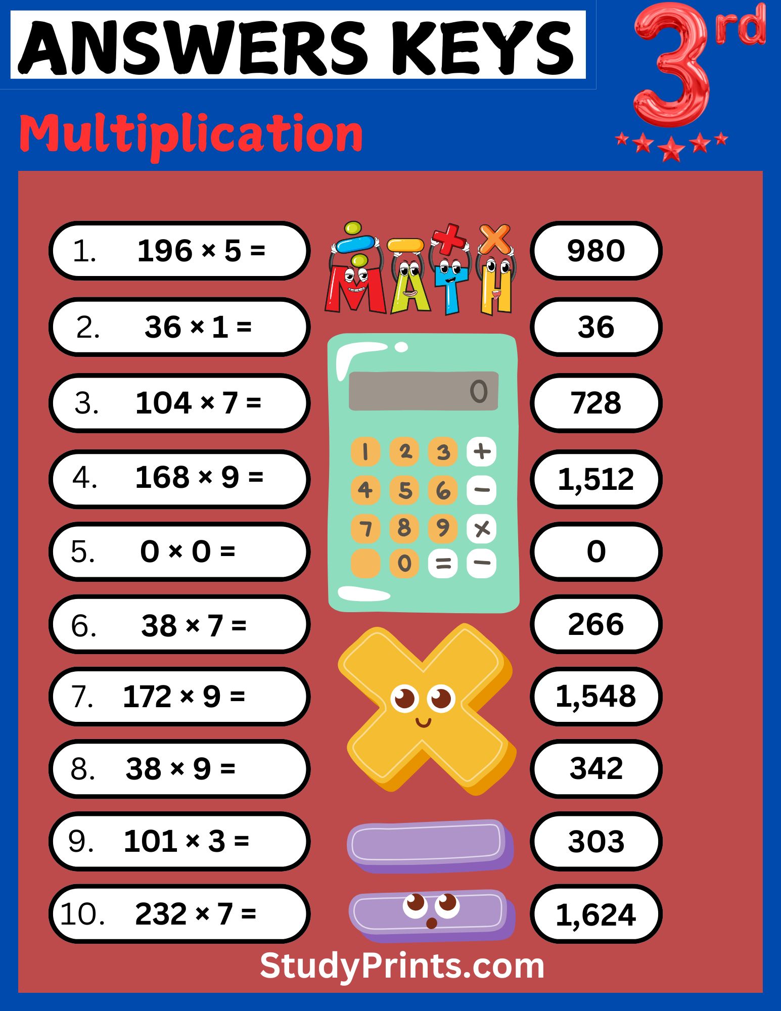 4th Grade Multiplication Worksheet with Answer Key | Engaging ...