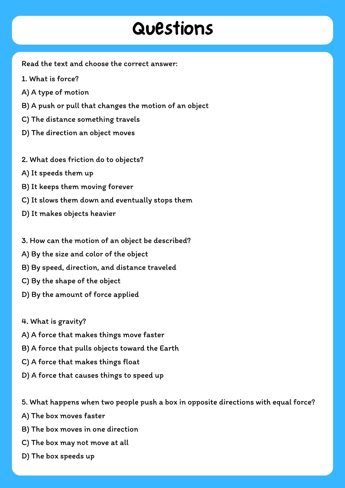 Force and Motion Reading Comprehension Passage with Questions | Learn ...