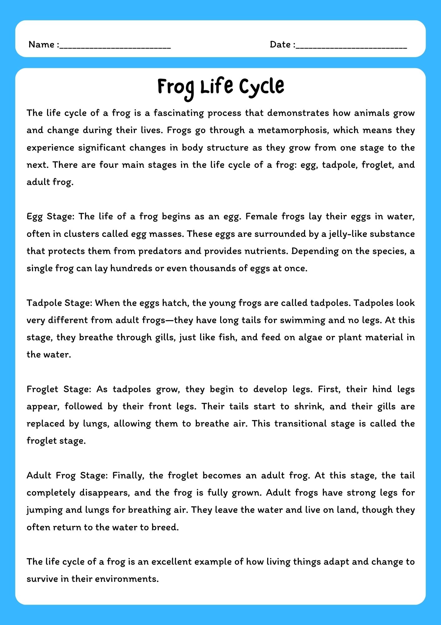 Frog Life Cycle Reading Passage with Comprehension Questions | Learn ...