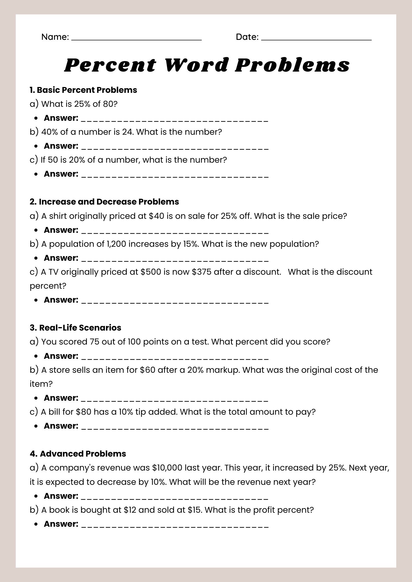 Percent Word Problems Worksheet | Learn Prints - The Learning Starts Here