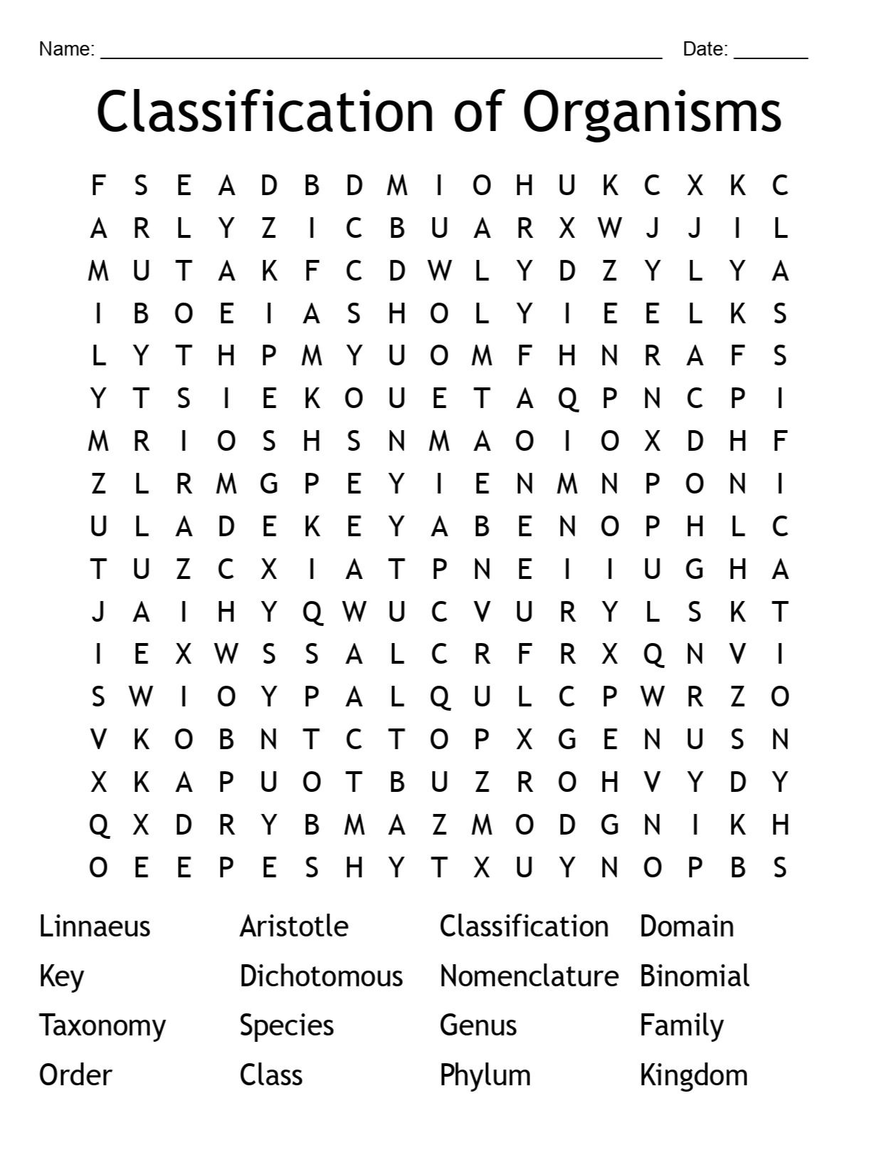Printable Classification of Organisms Word Search – 16 Key Terms ...