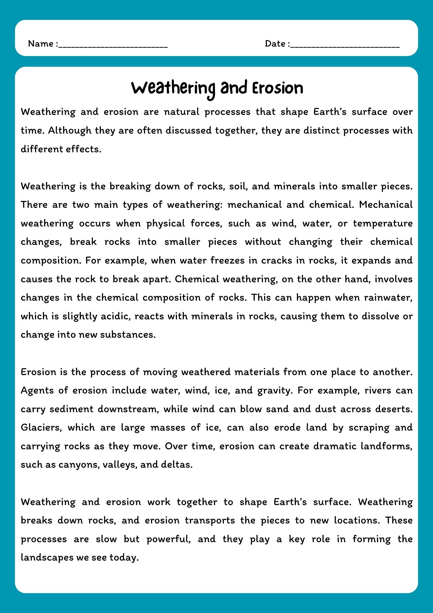 Weathering and Erosion Reading Comprehension with Questions | Learn ...