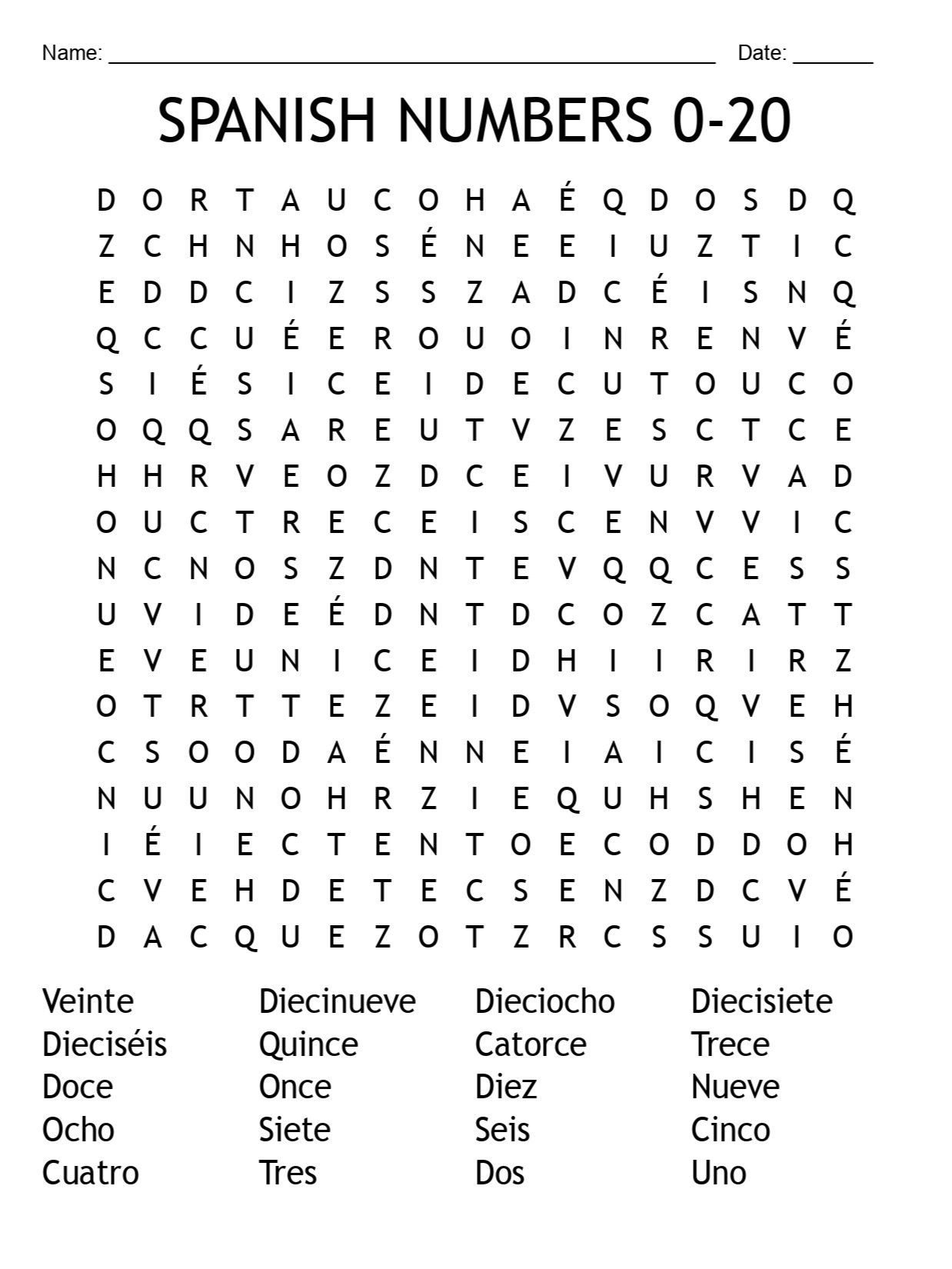 Printable Spanish Word Search – Numbers (1–20) Vocabulary Puzzle ...