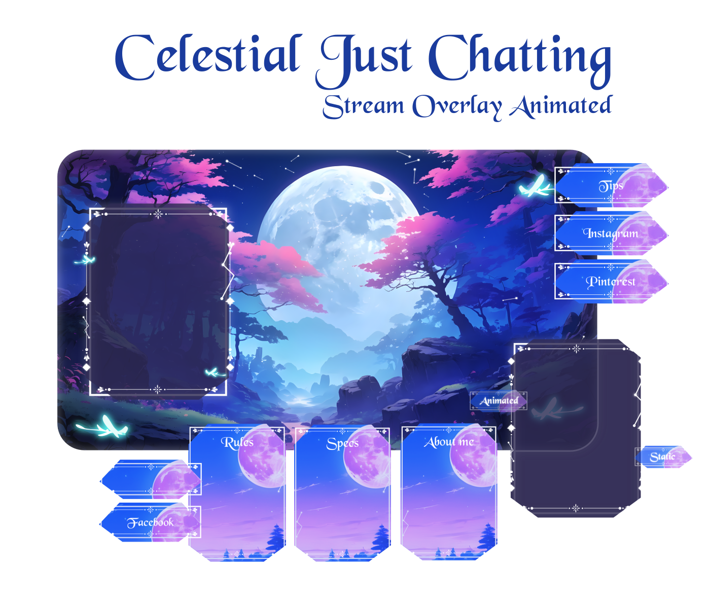 Sky Night Just Chatting Pack, Light & Dark Twitch Overlay, Blue Pink Glowing Forest Aesthetic ...